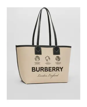 Burberry Logo Printed Cotton Tote Bag With Leather Trim