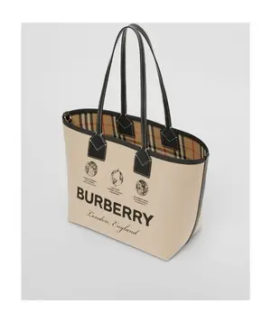 Burberry Logo Printed Cotton Tote Bag With Leather Trim
