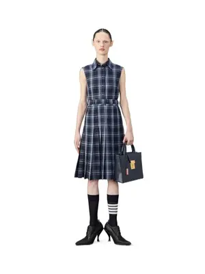 Thom Browne Plaid Check Pleated Shirtdress