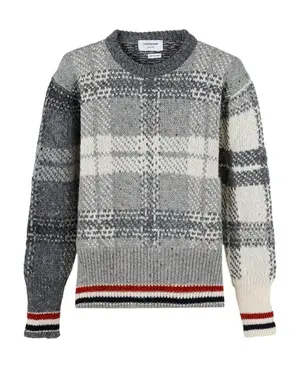 Thom Browne Tartan Printed Ribbed Pullover With Striped Detailing