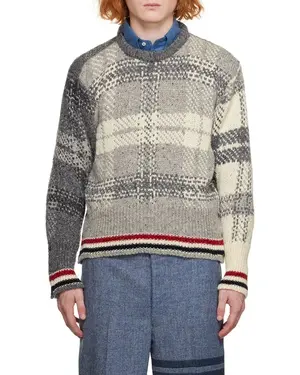 Thom Browne Tartan Printed Ribbed Pullover With Striped Detailing
