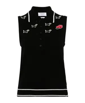 Thom Browne Sleeveless Embroidered Polo Top - Black