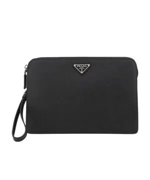 Prada Saffiano Leather Clutch Bag With Logo Plaque - Black