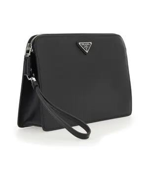 Prada Saffiano Leather Clutch Bag With Logo Plaque