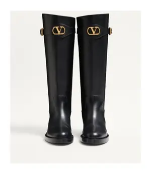 Valentino Garavani Logo Plaque Buckle Detailed Knee High Boots
