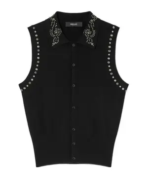 Versace Embellished Sleeveless Knitted Top With Peak Collar