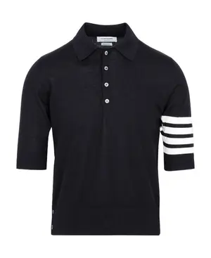 Thom Browne Bar Striped Knitted Polo Shirt - Navy Blue