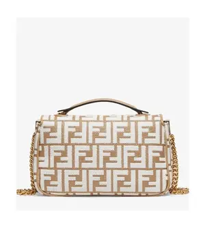 Fendi Baguette Chain Midi Shoulder Bag In Raffia With Ff Motif - Nude