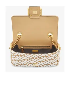Fendi Baguette Chain Midi Shoulder Bag In Raffia With Ff Motif - Nude
