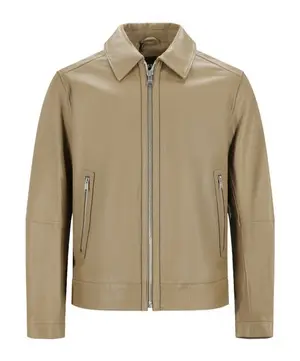 Hugo Boss Leather Zip-up Jacket - Olive Green