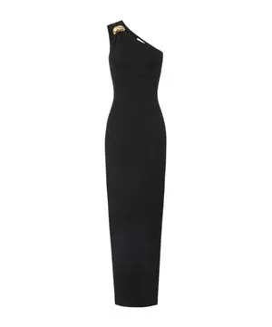 Elisabetta Franchi Milano Stitch Knit One-shoulder Gown With Jewel Clasp - Black