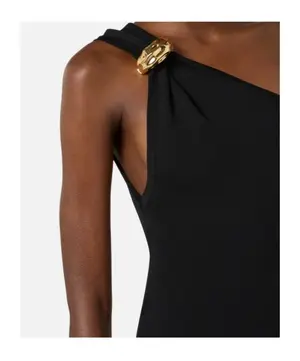 Elisabetta Franchi Milano Stitch Knit One-shoulder Gown With Jewel Clasp - Black