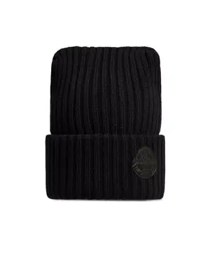 Moncler Moncler Ribbed Wool Beanie With Embroidered Logo Patch Black