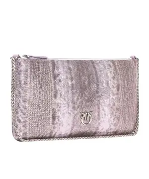 Pinko Galleria Horizontal Flat Crossbody Bag In Glittery Reptile Leather - Gray