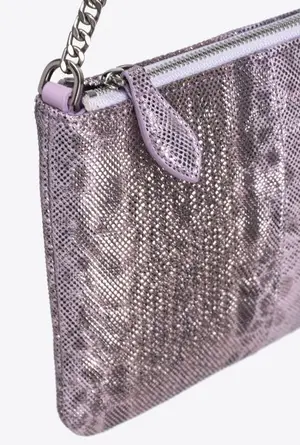 Pinko Galleria Horizontal Flat Crossbody Bag In Glittery Reptile Leather - Gray