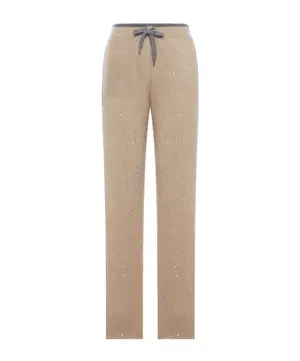Brunello Cucinelli Ribbed-knit Embellished Trousers - Nude