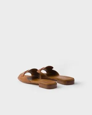 Prada Leather Slides With Logo Detail - Camel