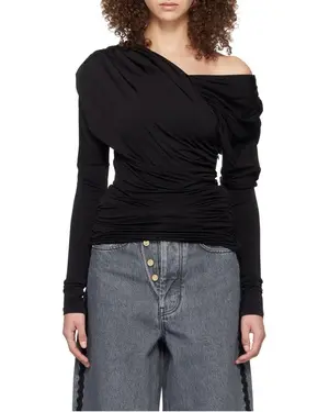 GANNI Draped V-neck Long-sleeve Top - Black