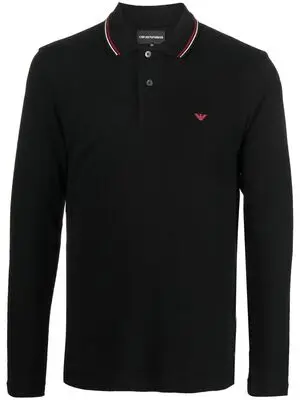 Emporio Armani Micro Eagle Embroidered Long-sleeved Polo Shirt - Black
