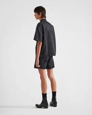 Prada Logo Plaque Short Sleeved Denim Shirt - Black