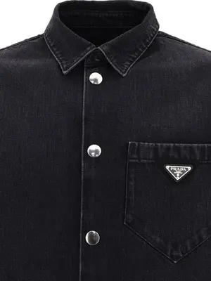 Prada Logo Plaque Short Sleeved Denim Shirt