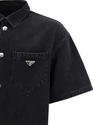 Prada Logo Plaque Short Sleeved Denim Shirt