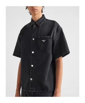 Prada Logo Plaque Short Sleeved Denim Shirt