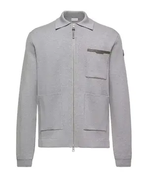 Moncler Wool Zip-up Cardigan With Leather Logo Details - Gray