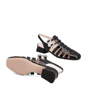 ROGER VIVIER Très Vivier Patent Leather Sandals With Crystal Buckles - Black