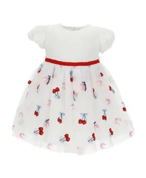 Monnalisa Cherry Embroidered Tulle Dress - White