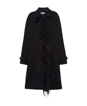 Prada Long-sleeved Belted Coat With Feather Details - Black