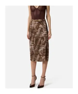 Elisabetta Franchi Printed Midi Skirt With Side Slit - Cocoa