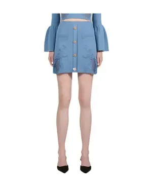 SELF-PORTRAIT Lace Inlaid Rib Knitted Skirt - Blue