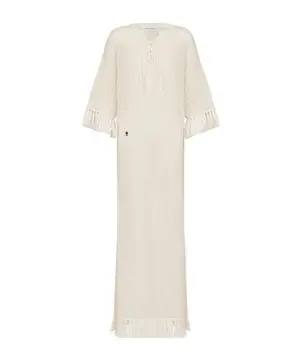 Dior Logo Embroidered Fringe Detailed Maxi Dress - White