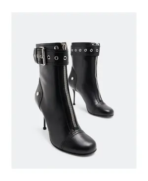 Alexander McQueen Leather Stiletto Ankle Boots With Buckle And Zip