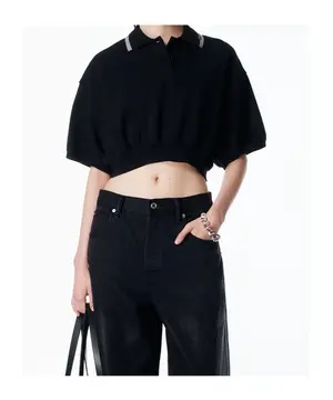 Alexander Wang Cropped Polo Shirt With Engineered Knit Collar - Black