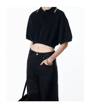 Alexander Wang Cropped Polo Shirt With Engineered Knit Collar - Black