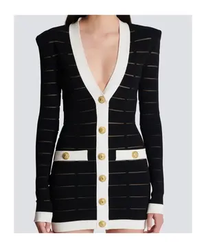Balmain Button-embellished V-neck Knitted Mini Dress