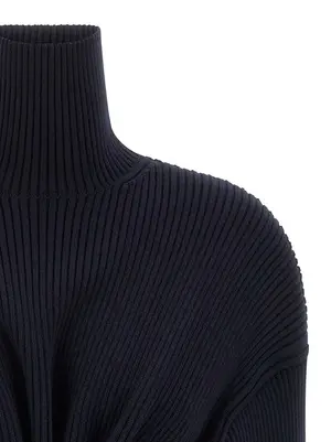 Balenciaga Ribbed Turtleneck Long-sleeve Dress With Silver-toned Brass Clip Detail - Navy