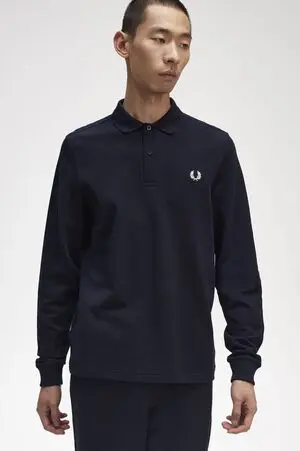 Fred Perry Long Sleeved Logo Embroidered Polo Shirt - Black
