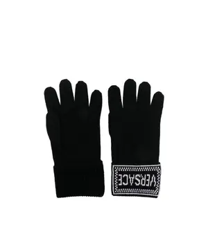 Versace Virgin Wool Intarsia Logo Gloves - Black