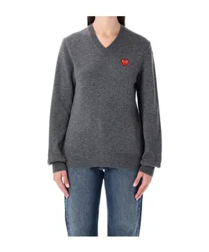 Play Comme Des Garcon V-neck Sweater With Heart Logo - Grey