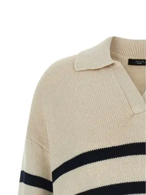 Max Mara Striped Knitted Polo Top - White Blue
