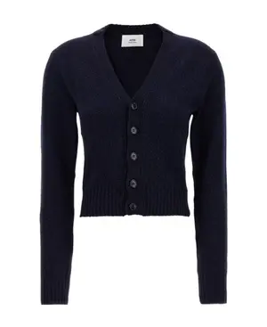 AMI Paris V-neck Knitted Cardigan With De Coeur Pattern