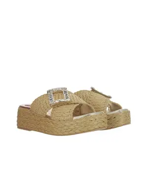ROGER VIVIER Raffia Wedge Mules With Crystal Buckle