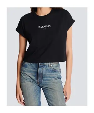 Balmain Logo Printed Cropped T-shirt - Black