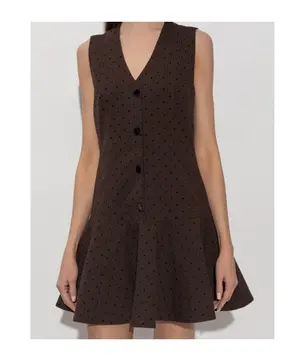 GANNI Sleeveless V-neck Flocked Check Suiting Dress With Flared Hem - Black