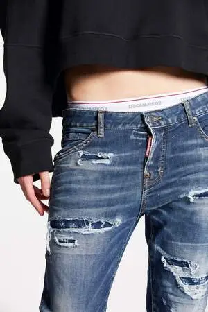 Dsquared2 Logo Patch Distressed Cropped Jeans - Blue
