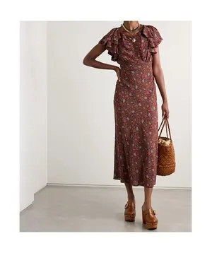 DÔEN Ruffled Floral Print Midi Dress