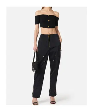 Elisabetta Franchi Off-the-shoulder Cropped Knit Top With Gold Buttons